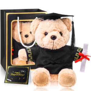 zjoey bear with graduation cap toys class of 2025 graduation plush stuffed teddy bear animal dog graduation cap and gown with greeting card and bag for graduation day gift(black graduation bear)