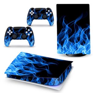 ps5 skin stickers full body vinyl skins wrap decals cover for ps5 digital edition console & controllers (blue flames)