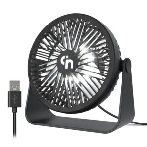 waytolight 5.3 inch usb desk fan with led light, 3 speeds, 360° adjustment, portable mini desktop table fan, small personal cooling fan for home office outdoor, black