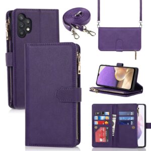 jaorty samsung galaxy a32 5g wallet case,[9 card slots] removable adjustable crossbody necklace lanyard shoulder strap zipper magnetic leather case for samsung galaxy a32 5g,6.5 inch purple