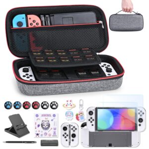 innoaura switch oled accessories bundle 19 in 1 switch bundle with switch case, switch game case, switch oled screen protector, switch stand, switch thumb grips (gray)