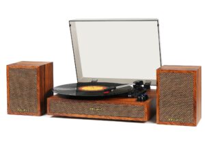 vinyl record player with external speakers, 3 speed bluetooth turntable for vinyl records, vintage belt drive record player with stereo speakers and auto stop, rca audio out and aux-in,light wood