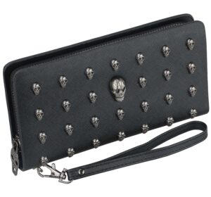 women's wallet large pu leather clutch purse punk studded skull ladies wallet credit card holder organizer wristlet (skull)