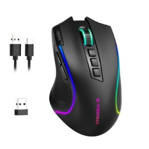 e-yooso gaming mouse, tri-modes wireless/bluetooth/wired rechargeable rgb gamer mouse with 2 side buttons, rapid fire key, 8000 dpi, 6 backlit modes, 9 programmable buttons macro