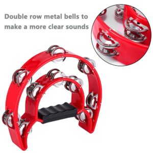 hzsooch 2 pack double row tambourine half moon handheld tambourine metal jingles hand held percussion instrument for kids and adults (red and blue)