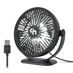 waytolight 5.3 inch small desk fan with led light, 3 speeds, usb powered table fan, 360° rotation desktop fan, ultra quiet, mini personal fan for office,table, study, bedroom