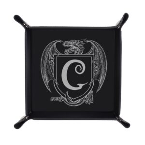 dragon dice tray for rpg, role play games, table top gaming, folding pu storage tray, initial leather tray, personalized portable organizer, tray 4.75 inches, black dragon letter c