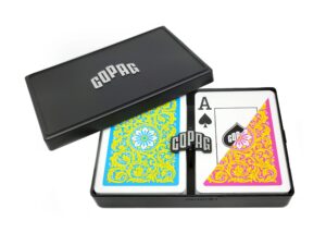 copag 1546 neoteric design 100% plastic playing cards, poker size (standard) yellow/pink/blue double deck set (jumbo index)