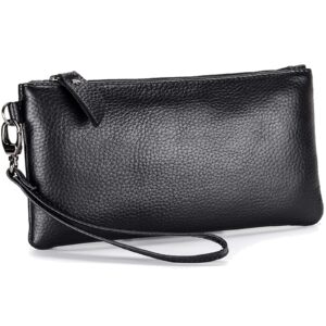 karoukee real leather wristlet clutch women classic cell phone wristlets bag minimalist clutch purse with removable wrist strap (black)