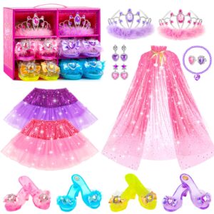 jeowoqao princess dress up shoes,girls dress up shoes princess dress up pretend play set 4 pair of princess shoes, princess dresses princess cape jewelry toys for toddler girls age 3 4 5 6 years gift