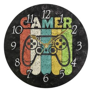 colorful joystick vintage gamepad with slogan gamer on dark wall clock, silent non-ticking easy to read round decorative wall clock with gold hands for home office school 9.5" in diameter