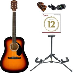 fender de fa-125 dreadnought acoustic guitar pack, 3-color sunburst, with gig bag and accessories