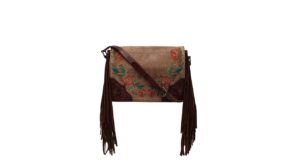 ariat women's audrey collection canvas flower fringe crossbody bag handbag, brown, one size