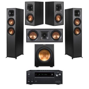 klipsch reference series 5.2 home theater pack with 2x r-625fa floorstanding speakers, r-52c center channel speaker, 2x r-41m bookshelf speakers (speaker system + subwoofer + receiver)