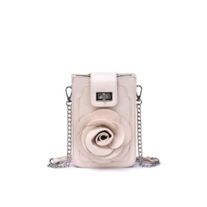 mellow world rosa 3d floral cell phone small cross body shoulder bag vegan leather women purse touch screen removable strap, cream