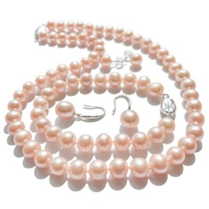 quakerbrid freshwater cultured pearl set jewelry for women includes pearl bracelet, stud earrings and drop dangle earrings high luster aaa quality genuine round 8.0-9.0mm pink pearl strand necklace