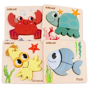 wooden puzzles for toddlers ocean animals montessori toys year old baby girl boy gifts educational learning bright color chunky shape puzzle pack of 4