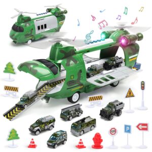 cute stone 2-in-1 amy helicopter toys, boys military toy friction powered helicopter w/electric rubber propeller, realistic light & music, mini vehicles, traffic road signs, vehicle toy set for kids