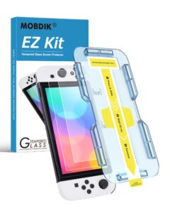 mobdik tempered glass screen protector for nintendo switch oled model 2021 ez kit, automatic alignment, 2 pack