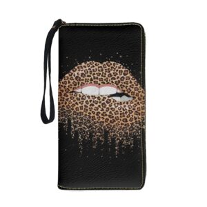 disnimo sexy leopard lip kiss wallet pu leather purse large capacity wristlet zipper clutch credit card holder bag gift for women teens girls