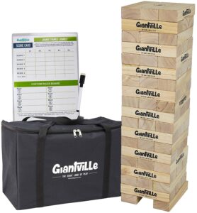 giantville giant tumbling timber toy - premium pine wood life-size blocks tower - big floor/board indoor/outdoor yard game for kids & adults - 56-pieces + storage/carry bag - grows to over 5-feet