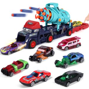 car carrier truck toys for kids, kids transport truck carrier toys for boys, 4 in 1 gatling gun catapult speed car with 8 launch alloy truck, ideal gift for boys for kids aged 3+…