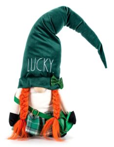 rae dunn st. patrick's gnome lucky - 19 inch stuffed plush figurine doll with felt hat - cute ornaments and holiday decorations for home decor and office