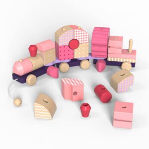 toddler montessori toy, wooden block train set stackable building blocks toy shape sorter toy pink lion pull toy for baby girl ages 2 4 3 years birthday gift early learning educational toy