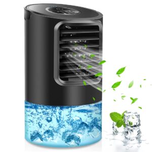 kuuote portable air conditioner fan,personal space evaporative cooler mini desk quiet circulator humidifier misting fan with handle,3 speeds,7 colors lights for home, bedroom,dorm fashion black