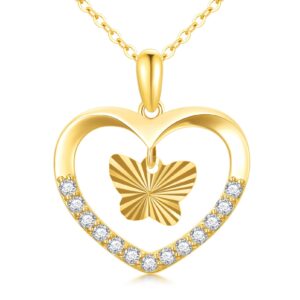 sisgem 14k real gold heart necklace for women,yellow gold diamond-cut butterfly in heart pendant necklaces with moissanite,anniversary birthday gifts for lover wife grandma,16''-18''