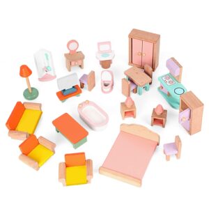 abellzos wooden dollhouse furniture set, 24 pcs miniature doll house accessories with dining room, living room, bedroom, and bathroom, birthday gift toys for toddlers girls boys age 3+