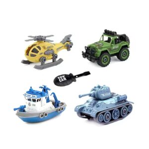 kaminrun take apart truck toys ，4 pack friction powered cars construction vehicles toy set drilling rig, loader, excavator, road roller for year old boy girl kid gift