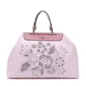 nicole lee cornelia floral diamond embroidered satchel, flower handbag with optional crossbody strap, 3 compartments (lavender)