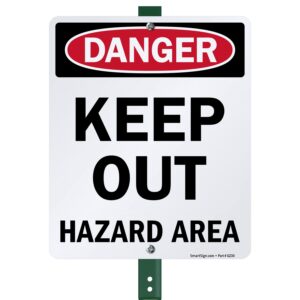 smartsign 12 x 10 inch “danger - keep out, hazard area” lawnboss yard sign with 3 foot stake, 40 mil laminated rustproof aluminum, red, black and white, set of 1, made in usa