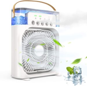 portable air conditioner fan,900ml personal air conditioner with ice tray,5in1 timming evaporative air cooler,cooling fan with 7 colors light, 5 sprays,3 speeds,ac fan for small room,office,car,camp (white)