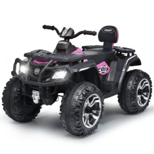 joywhale 24v 2-seater ride on atv 4wd quad powerful 4-wheeler electric car for big kids, with 400w strong engine, 9ah large battery, metal suspension, soft braking, music & bright headlights, pink