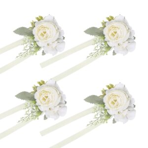 sdeerit 4pcs ivory artificial peony wrist corsages for wedding, bridesmaid band bracelet for wedding wrist flower mother of bride and groom, party proom flowers(ivory)