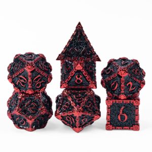 cusdie metal dice with metal box, 7 pcs dnd metal dice, dagger design polyhedral dice set, for role playing game d&d dice mtg pathfinder (black with red font)