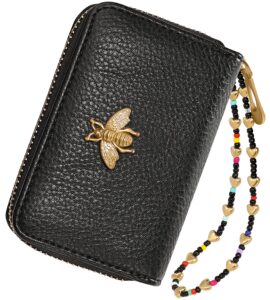 credit card holder wallet case womens teen girls ladies female bee genuine cowhide leather small black rfid blocking wallets with detachable beaded chain zipper around