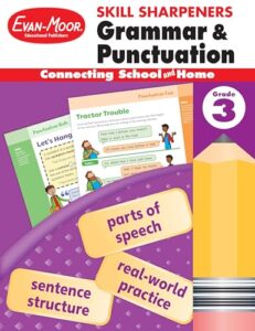 evan-moor skill sharpeners grammar and punctuation workbook, grade 3, nouns, verbs, sentence structure, subject, predicate, language handbook, real-world practice, fun activities, homeschool, practice