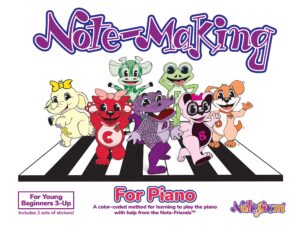 note-making for piano: a color-coded piano book for kids with note-friend piano stickers.