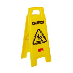 rubbermaid commercial products multilingual caution sign, 26-inch, yellow, 2-sided, high visibility floor warning sign for office/restroom/restaurant/school/business/hospital/distribution facility