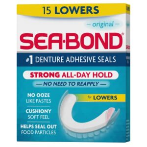 sea bond secure denture adhesive seals, original lowers, zinc-free, all-day-hold, mess-free, 15 count (pack of 1)