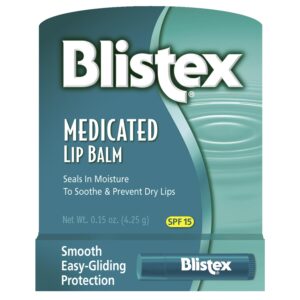 blistex medicated lip balm, 0.15 ounce, (pack of 24) – prevent dryness & chapping, spf 15 sun protection, seals in moisture, hydrating lip balm, easy glide formula for full coverage