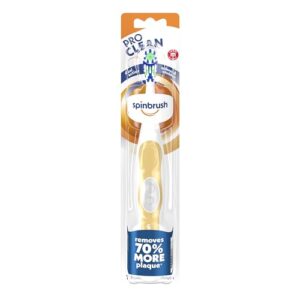 spinbrush pro clean battery powered toothbrush, medium bristles, 1 count, gold or blue color may vary