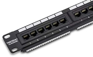 trendnet 24-port cat5-5e rj-45 utp unshielded patch panel, wallmount or rackmount, 100mhz, color-coded labeling, cat5,cat5e,cat4,cat3 compatible, 1u rackmount, black, tc-p24c5e