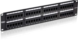 trendnet 48-port cat5/5e unshielded patch panel, tc-p48c5e, 2u 19 inch rackmount design or wall mount, cable management, ndaa compliant, 48 x gigabit rj-45 ports