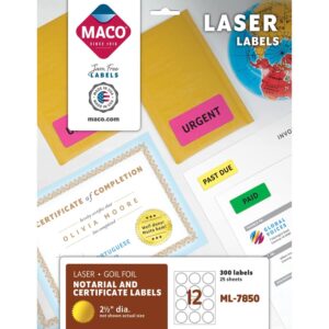 maco laser gold foil notarial and certificate labels, 2-1/2 inches in diameter, 12 per sheet, 300 per pack (ml-7850)