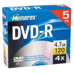 memorex 4.7gb dvd-r media (5-pack with jewel cases)