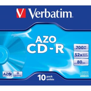 verbatim cd-r azo crystal 700 mb, pack of 10 jewel case, cd blanks, 52x burning speed with long life, blank cds, audio cd blank, for photos & videos & documents